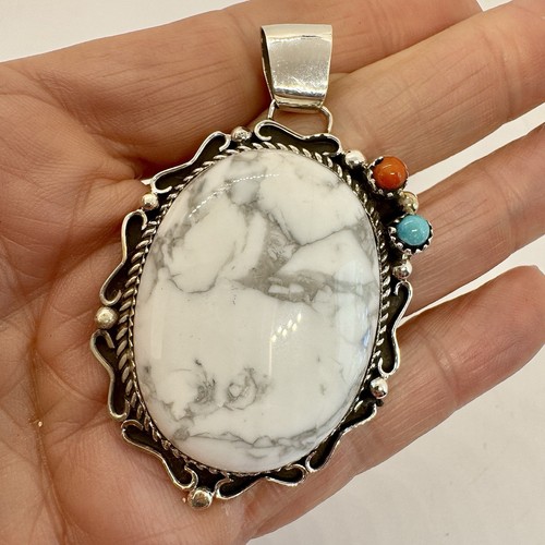 Navajo White Buffalo Turquoise Coral Pendant 1.5" By Susan Yazzie ...