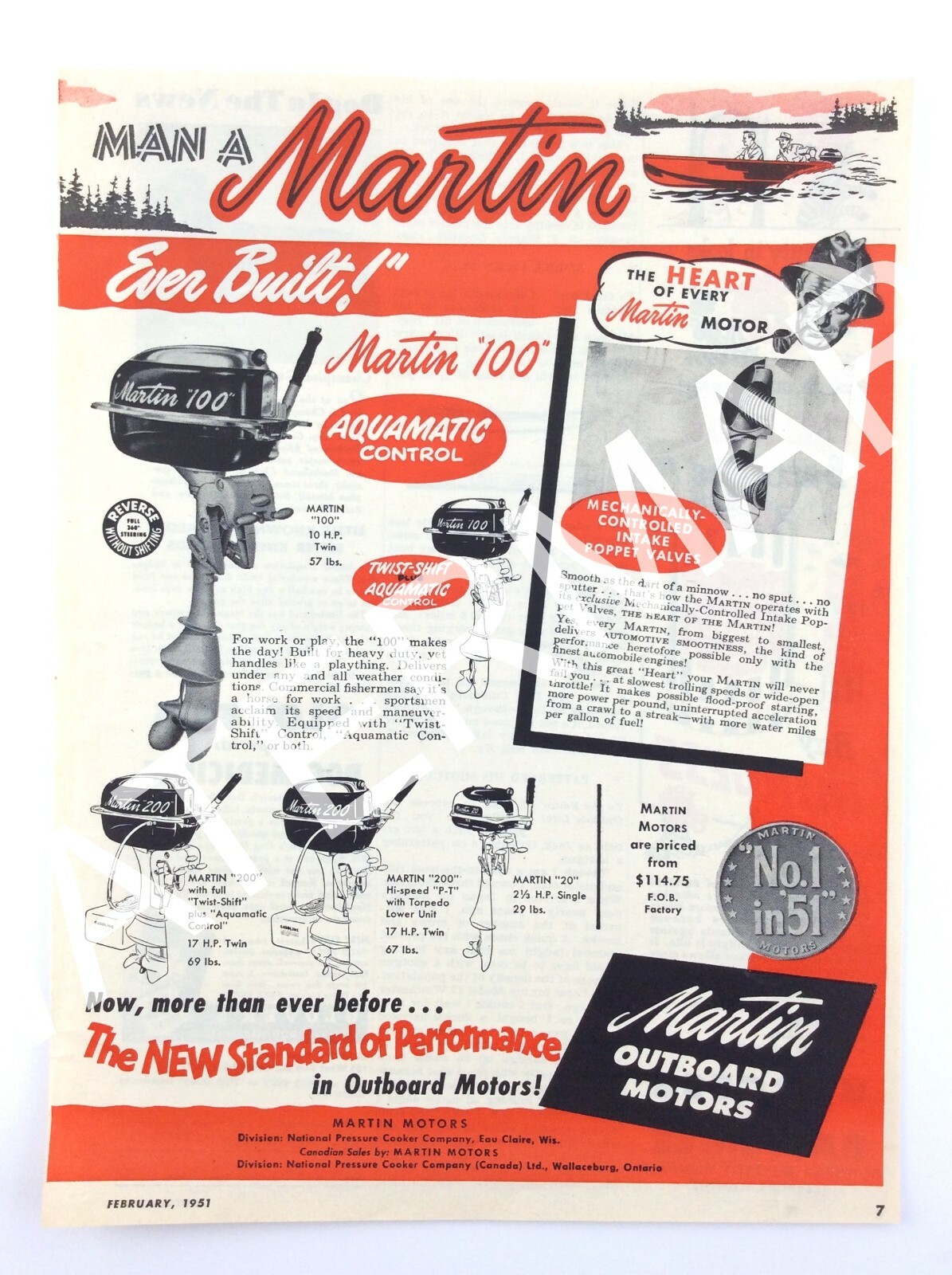 1951 Martin Outboard Motors The New Standard of Performance Print Ad ...
