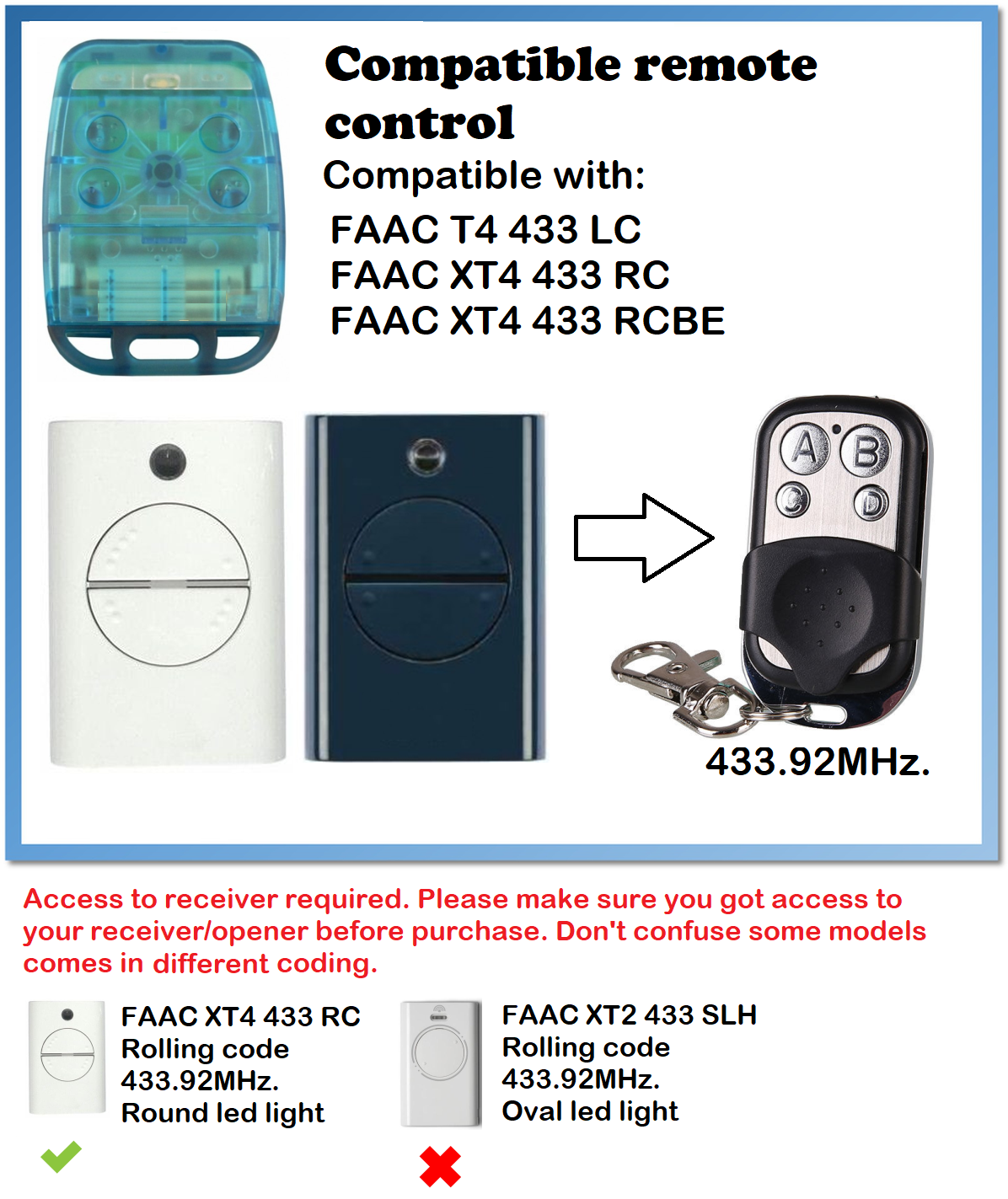Garage remote control for FAAC T4 433 LC, XT4 433 RC, XT4 433 RCBE 433 ...