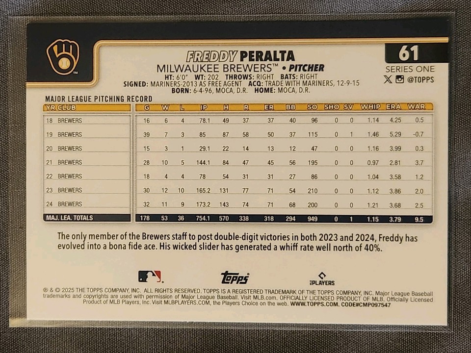 2025 Topps Series 1 (Spring Training Foil) #61 Freddy Peralta - EX/NM ...