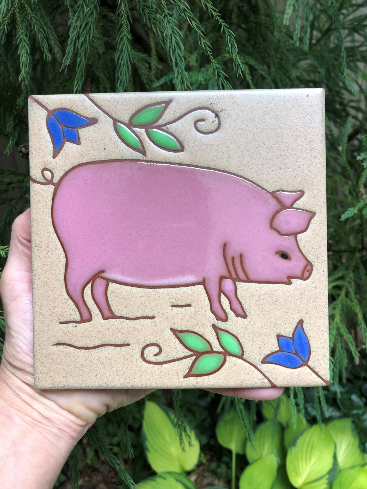 Besheer Art Tile Hand Painted Pig and Floral Design 6" Square | eBay
