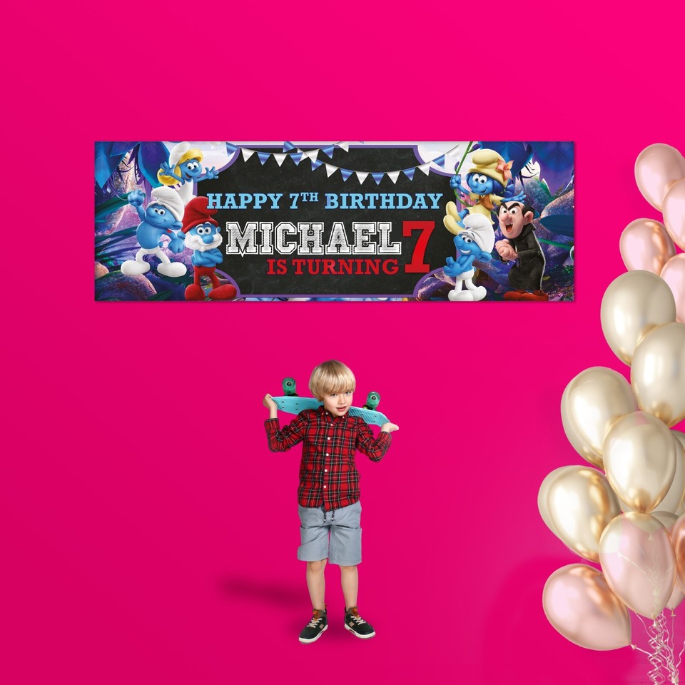 Personalised Kids Birthday Banner Smurfs Pvc Banner Indoor / Outdoor ...