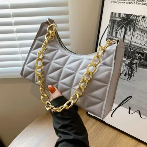 Womens Quilted Grey Leather Chain Purse Hand Bag | eBay