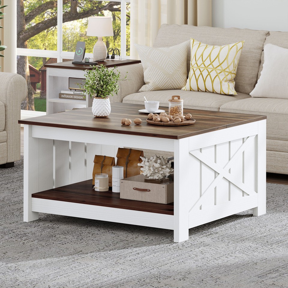 Square Coffee Table with 2-Tier Storage Farmhouse Cocktail Table for ...