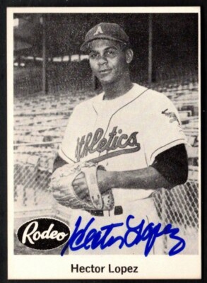 1976 Hector Lopez Rodeo Meats '55 Reprint Card #15 Autograph Signed A's ...