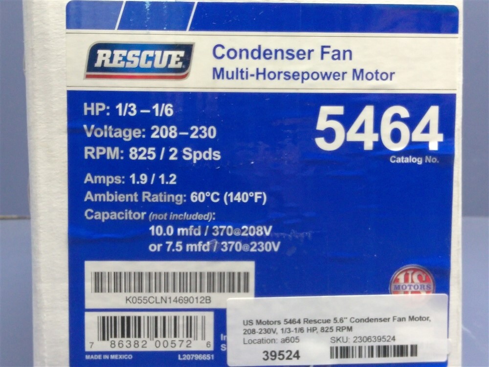 US Motors 5464 Rescue 5.6" Condenser Fan Motor, 208-230V, 1/3-1/6 HP ...
