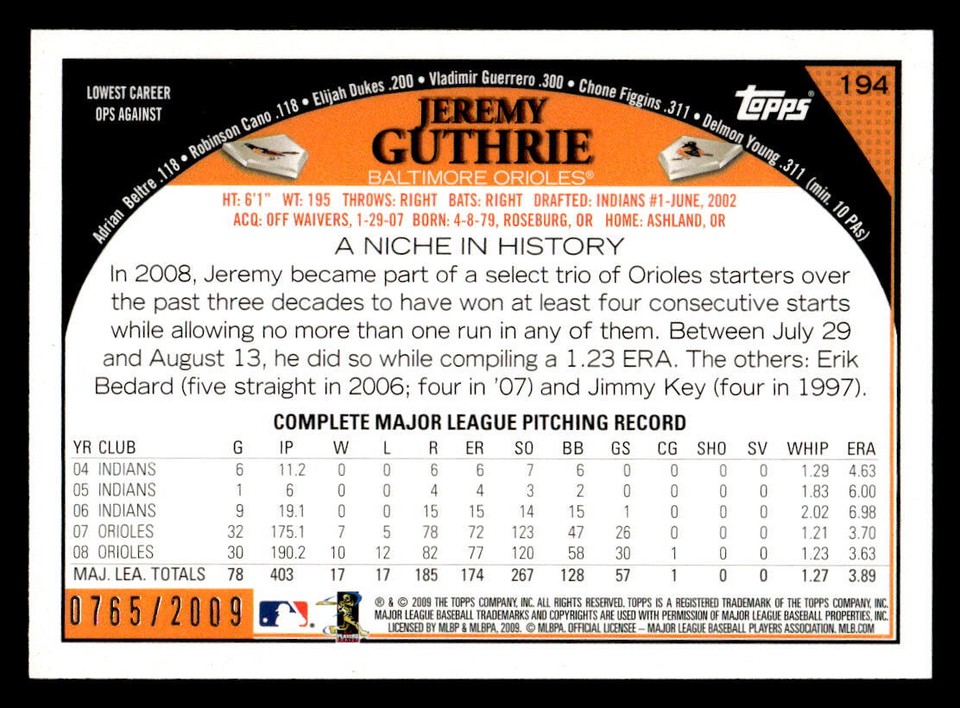 2009 Topps #194 Jeremy Guthrie Gold #/2009 Card Baltimore Orioles | eBay