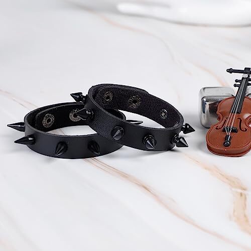 Black Leather Punk Bracelets Spiked Rivets Goth Wristband Biker Wrist ...