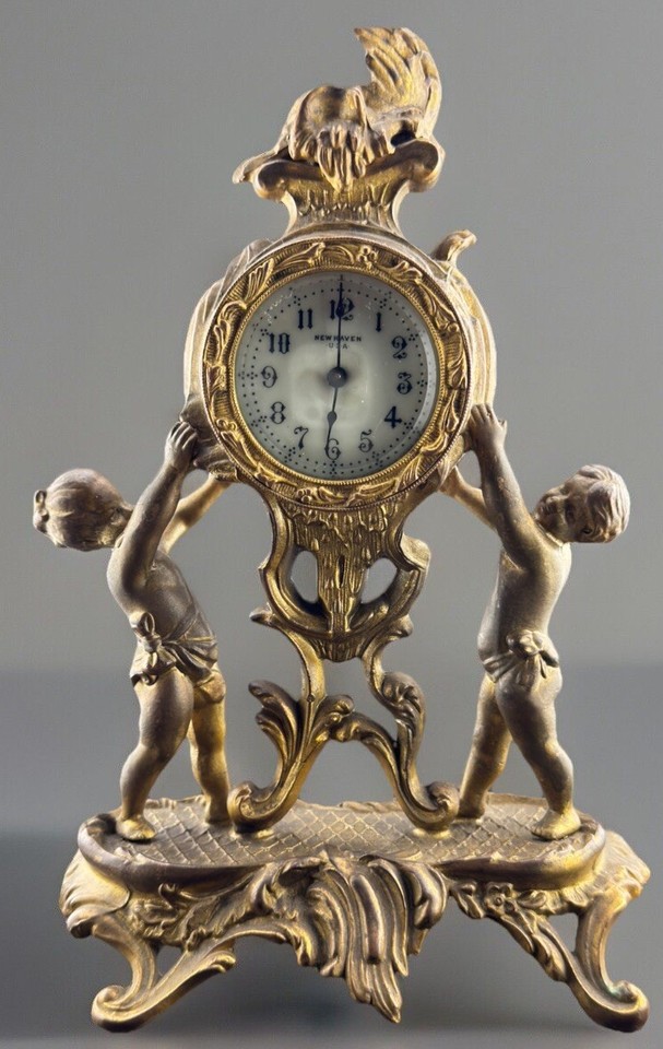New Haven Gilt Cherub Mantel Clock • Uranium Porcelain Dial • UV Glow ...