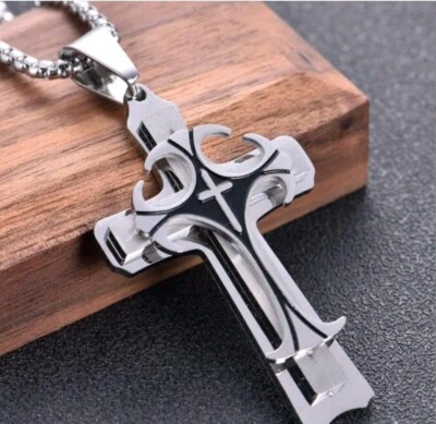 3 Layer Cross Pendant Necklace Stainless Steel Silver Black Silver | eBay
