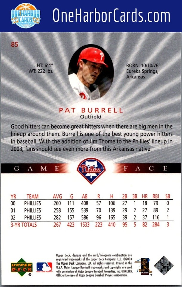 2003 Upper Deck Game Face Philadelphia Phillies Baseball Card #85 Pat ...