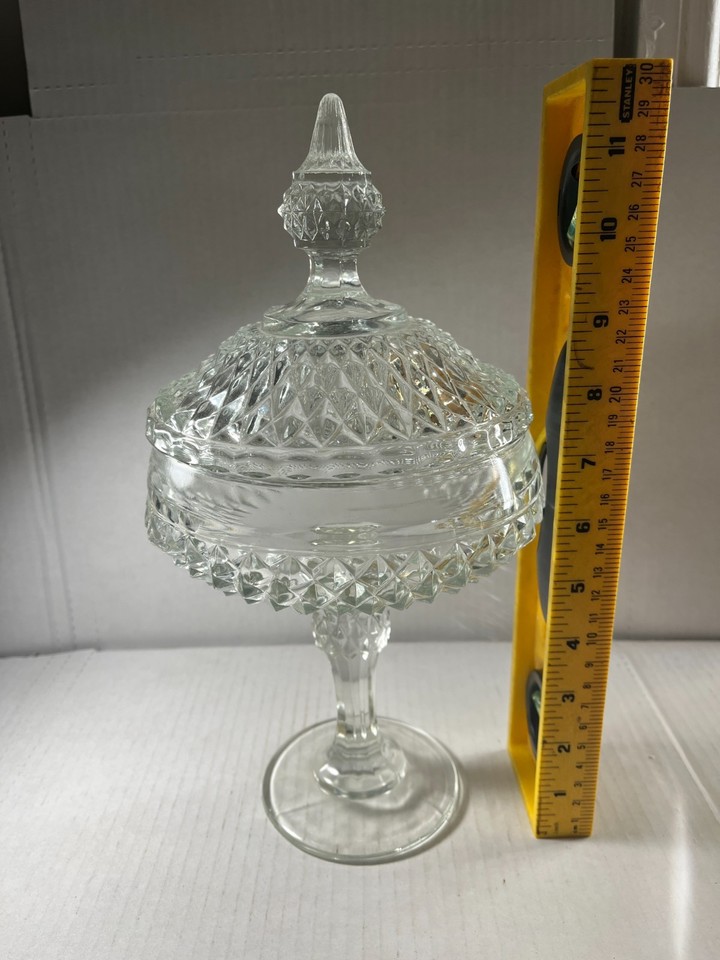 Vintage Indiana Glass Diamond Point Pedestal Candy Dish Compote W/Lid ...