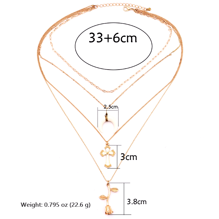 WOMEN LAYERED ROSE CROSS MOON PENDANT BOHO SUMMER BEACH PARTY NECKLACE ...