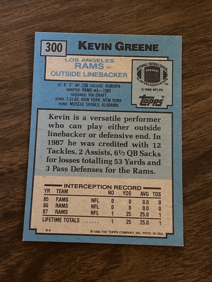 Vtg 1988 Topps #300 KEVIN GREENE RC Rams Steelers Carolina Auburn NFL ...