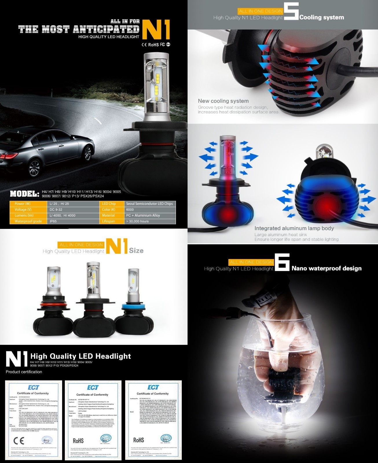 LED Kit N1 50W H7 6000K White Two Bulbs Light Turn Cornering Replace ...