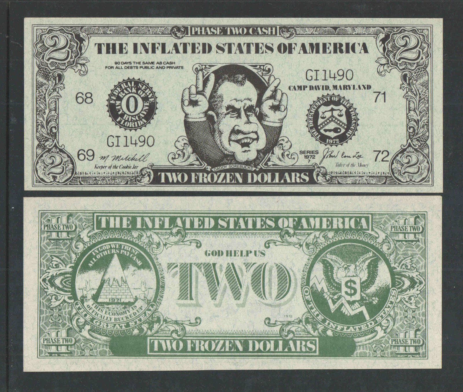 1972 RICHARD M NIXON SATIRICAL $2 DOLLAR BILL TWO FROZEN DOLLARS ...