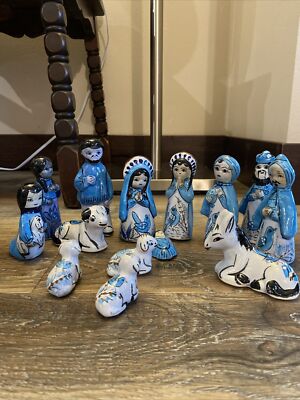 Talavera Mexican Folk Art 14 Piece Blue Floral Hand Painted Ceramic ...