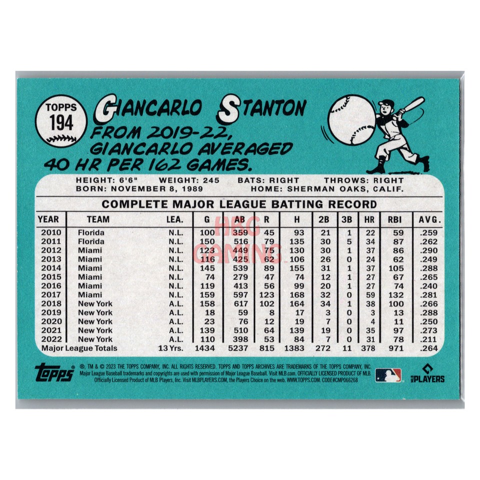 Baseball Card | #194 Giancarlo Stanton Inverted Variation - 2023 Topps ...