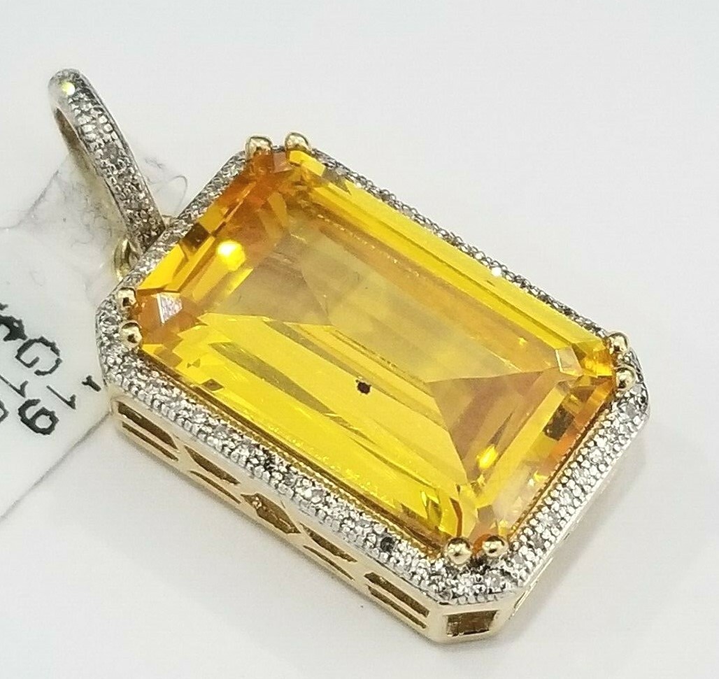 Yellow Gold Genuine Diamond Pendant Charm Bling Ice 1 CT Citirine Stone ...