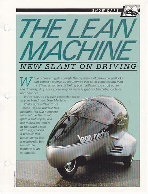 1982 GM Lean Machine 3-Wheeled Concept Car Spec Sheet Fact Card | eBay