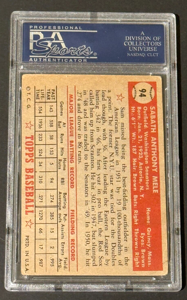 1952 Topps #94 Sam Mele (D 2017) Signed Auto Dual Graded PSA 3 PSA/DNA ...