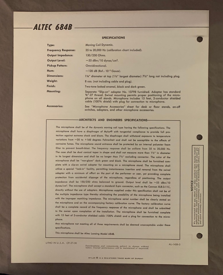 Vtg Original Altec 684B Professional Omnidirectional Microphone Spec ...