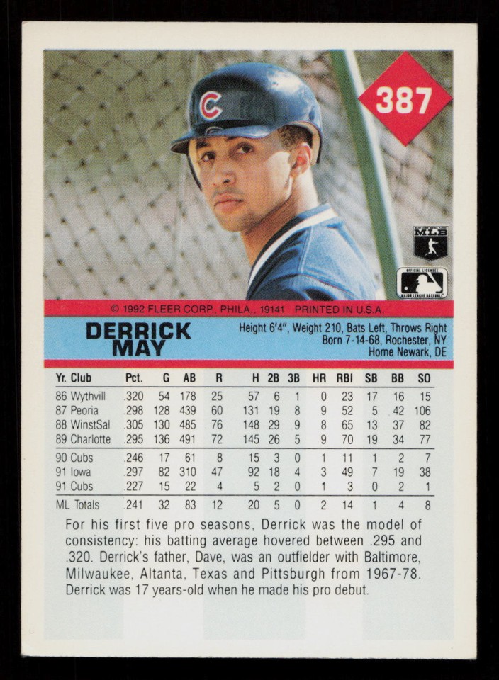 1992 Fleer Derrick May #387a Chicago Cubs Baseball Card | eBay