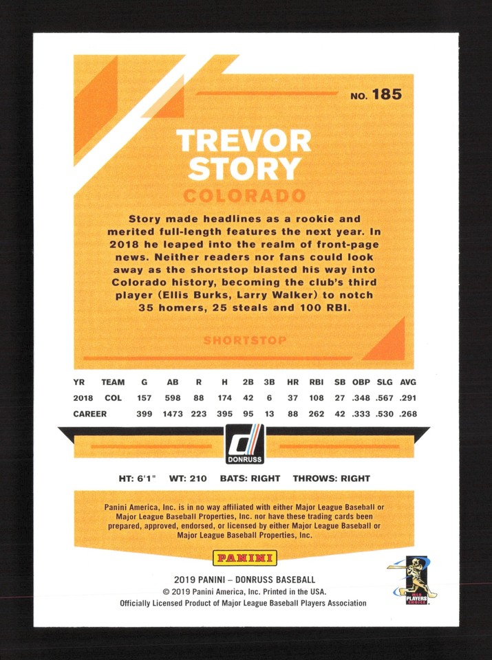 2019 Panini Donruss Name Variation Trev Trevor Story #185 Colorado Rockies | eBay