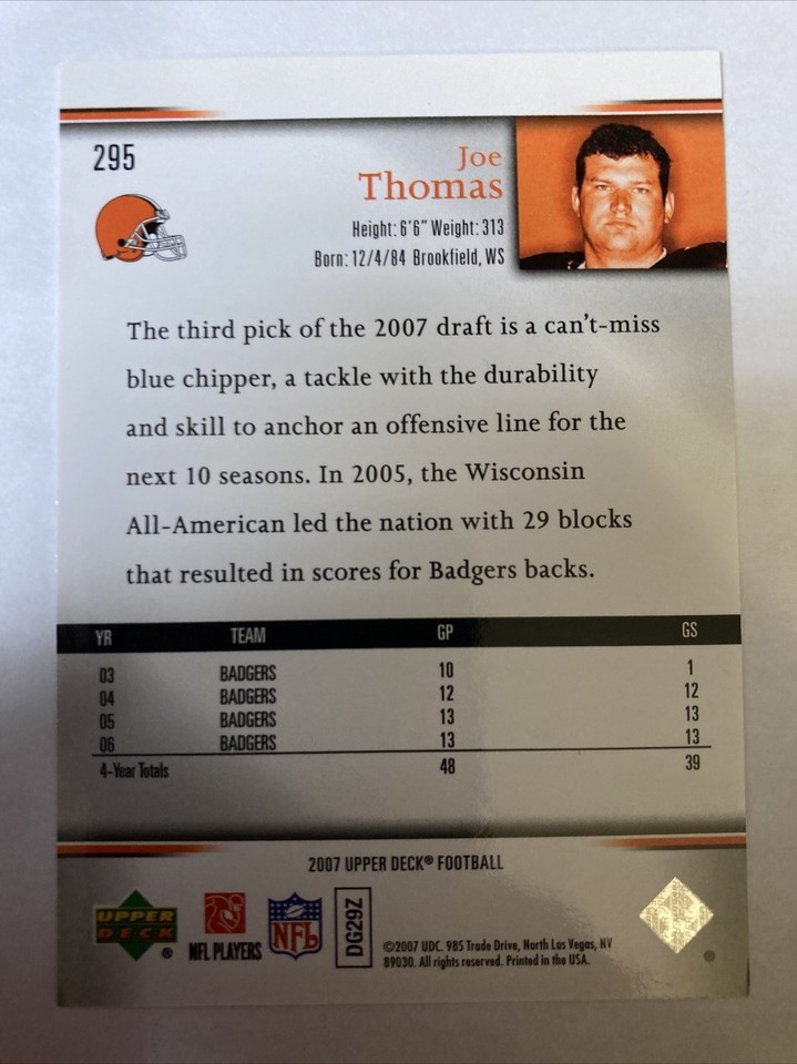 Joe Thomas 2007 Upper Deck Rookie Exclusive Rookie Card #295 (5329) | eBay