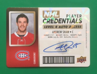 ANDREW SHAW (MONTREAL) 17-18 MVP NHL PLAYER CREDENTIALS LEVEL 4 ...