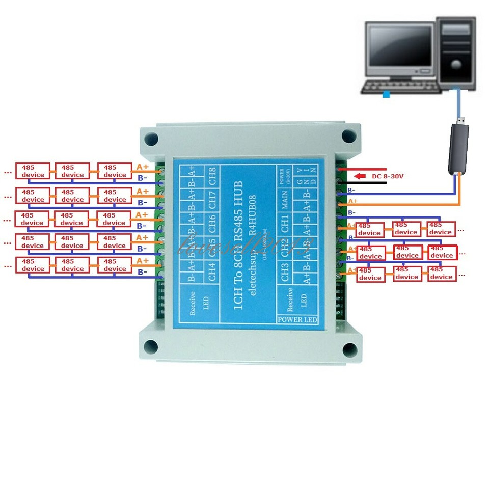 DC 12V 24V 100-1000Kbps 8 Port RS485 Hub Repeater Serial Port Signal ...