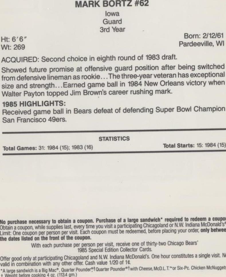 1985 McDonald's Chicago Bears Mark Bortz #62 for sale | eBay