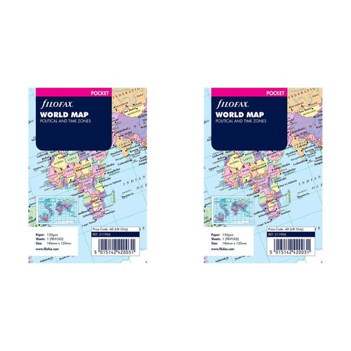 2x Filofax 12cm Pocket Travel World Map Destination Political/Time Zone ...