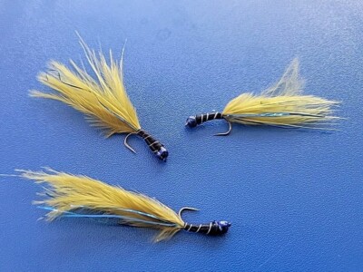 3x BARBLESS Tungsten Blue bead olive blue flash damsel Stalking bug fly ...