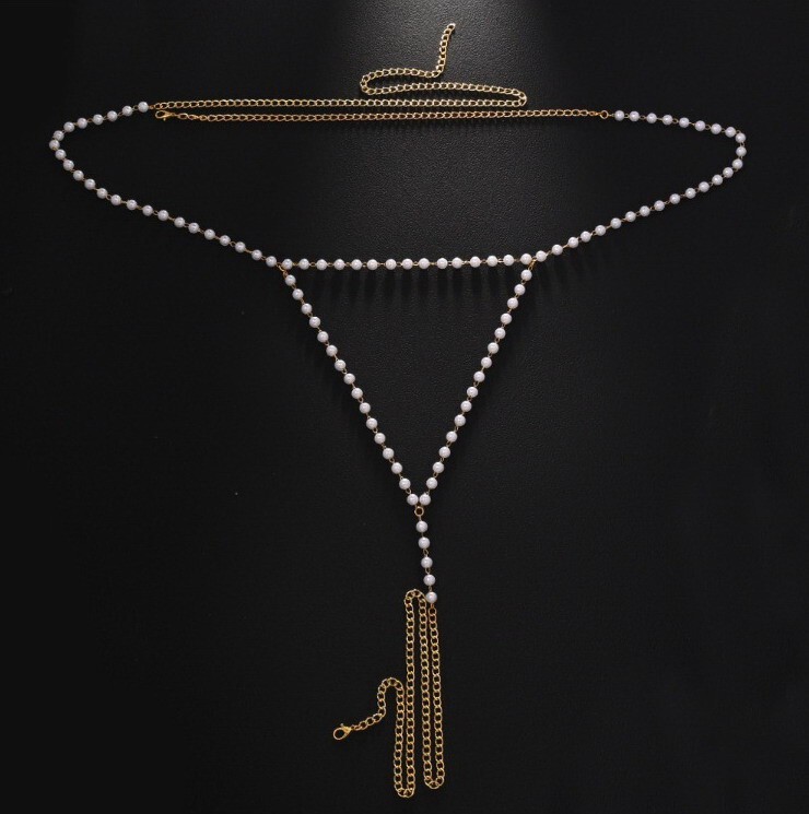 Women Rhinestone Thong G-Strings Pearl Metal Body Chain Beach Underwear ...