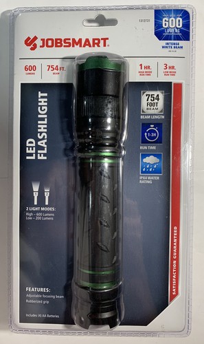 Jobsmart LED Flashlight 600 Lumens Adjustable Focus 754 FT Beam Length ...