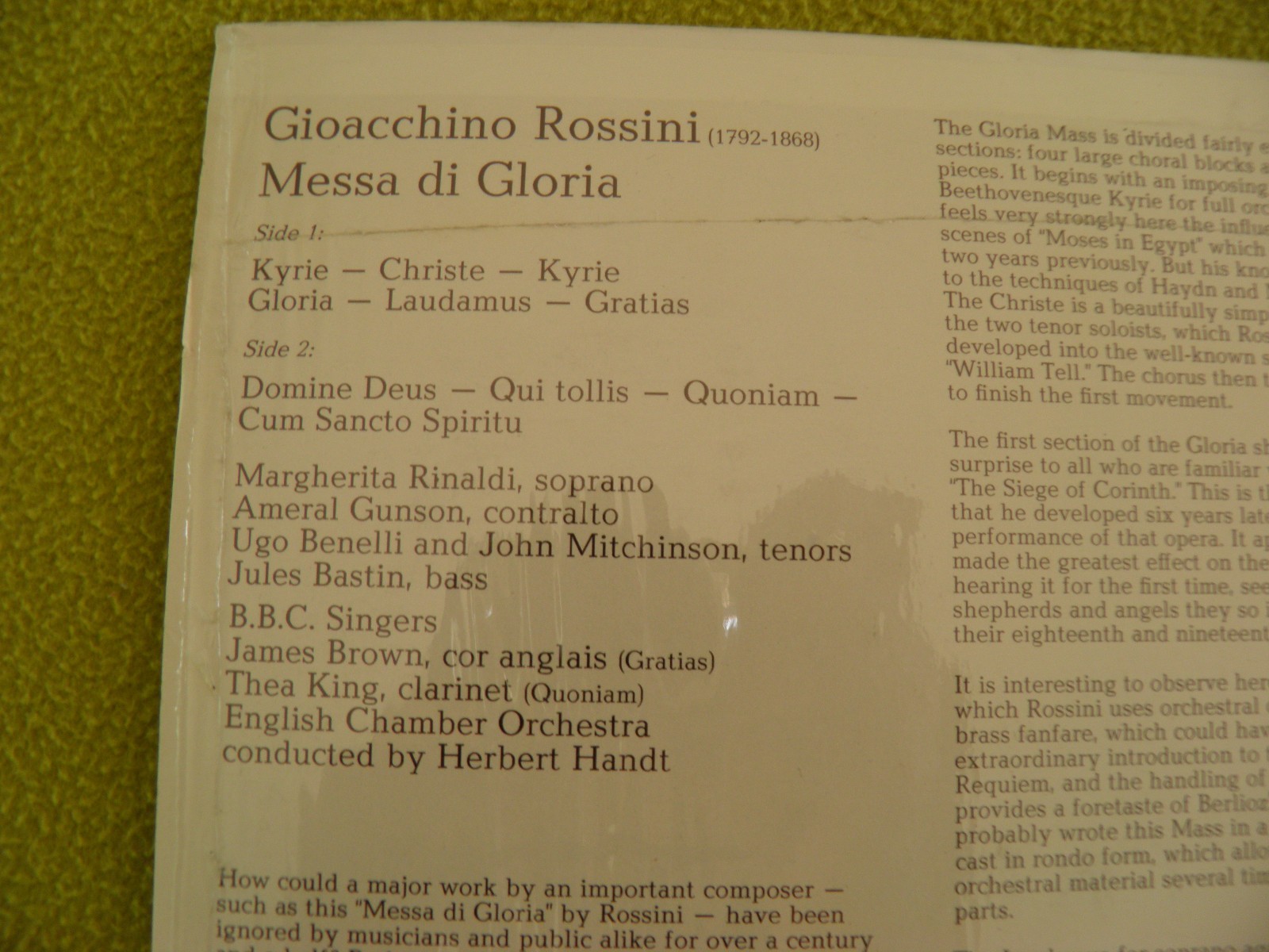 Rossini - Messa Di Gloria / Rinaldi / Bastin / Herbert Handt / PHILIPS ...