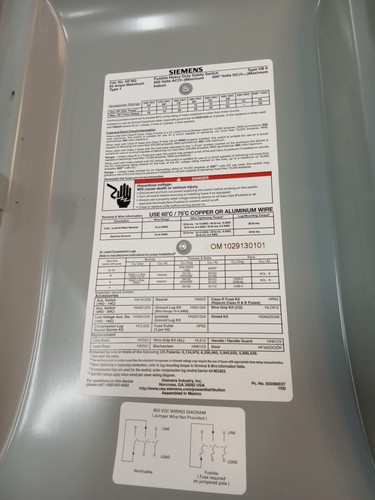 SIEMENS/HF362/DISCONNECT/SWITCH/60A/600A/3p/1R/INDOOR/ fusible/(GN1G6 ...