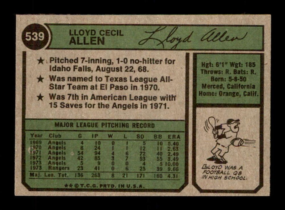 1974 Topps #539 Lloyd Allen NM/NM+ X2818140 | eBay