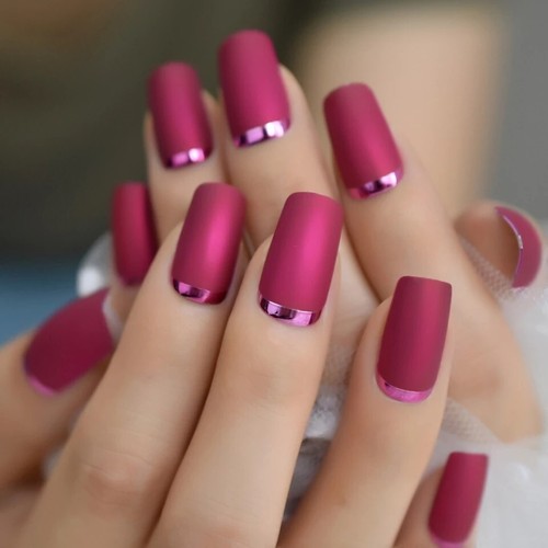 24 Matte Magenta maroon Chrome Rim Medium Square Press on nails glue on ...