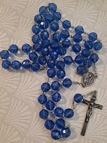 VINTAGE COBALT BLUE 10MM CRYSTAL BEAD STERLING ROSARY 42" Long, 8" Drop ...