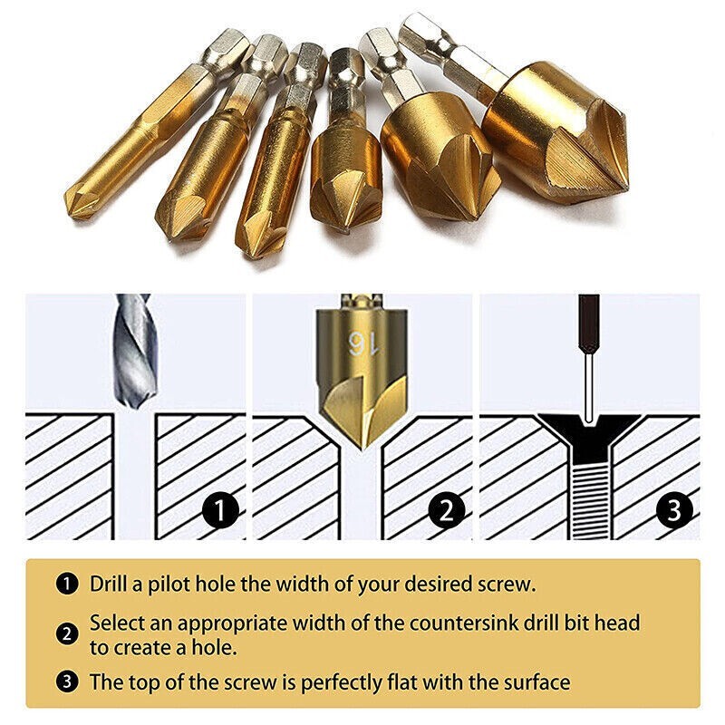 6Pcs Countersink Drill Bit Set 1/4'' Hex Shank HSS Woodworking Pilot ...