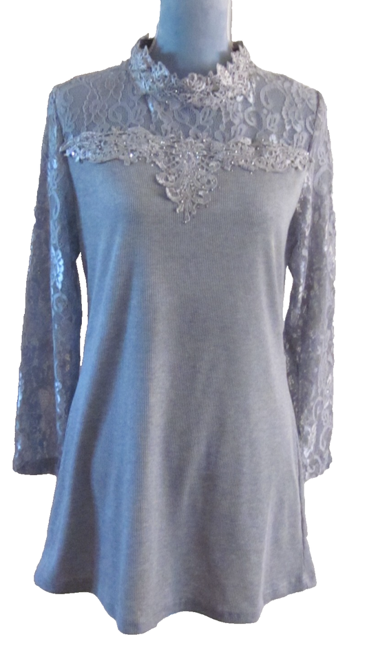 Pretty Angel Tunic Top Size Med Gray Long Sleeve w/Lace Applique ...