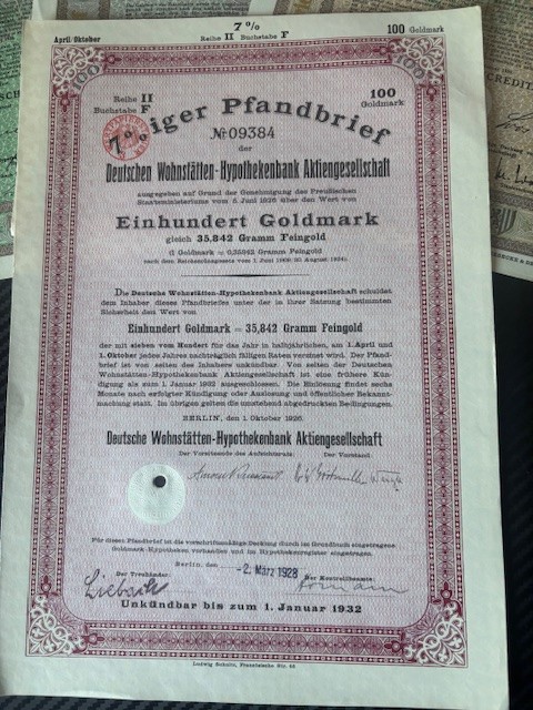 Collection of Six original German Gold Bond Certificates 1926-1930 ...
