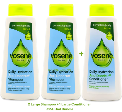 3 x LARGE BOTTLES 500ml Vosene Anti-Dandruff Medicated 2 SHAMPOO + 1 ...