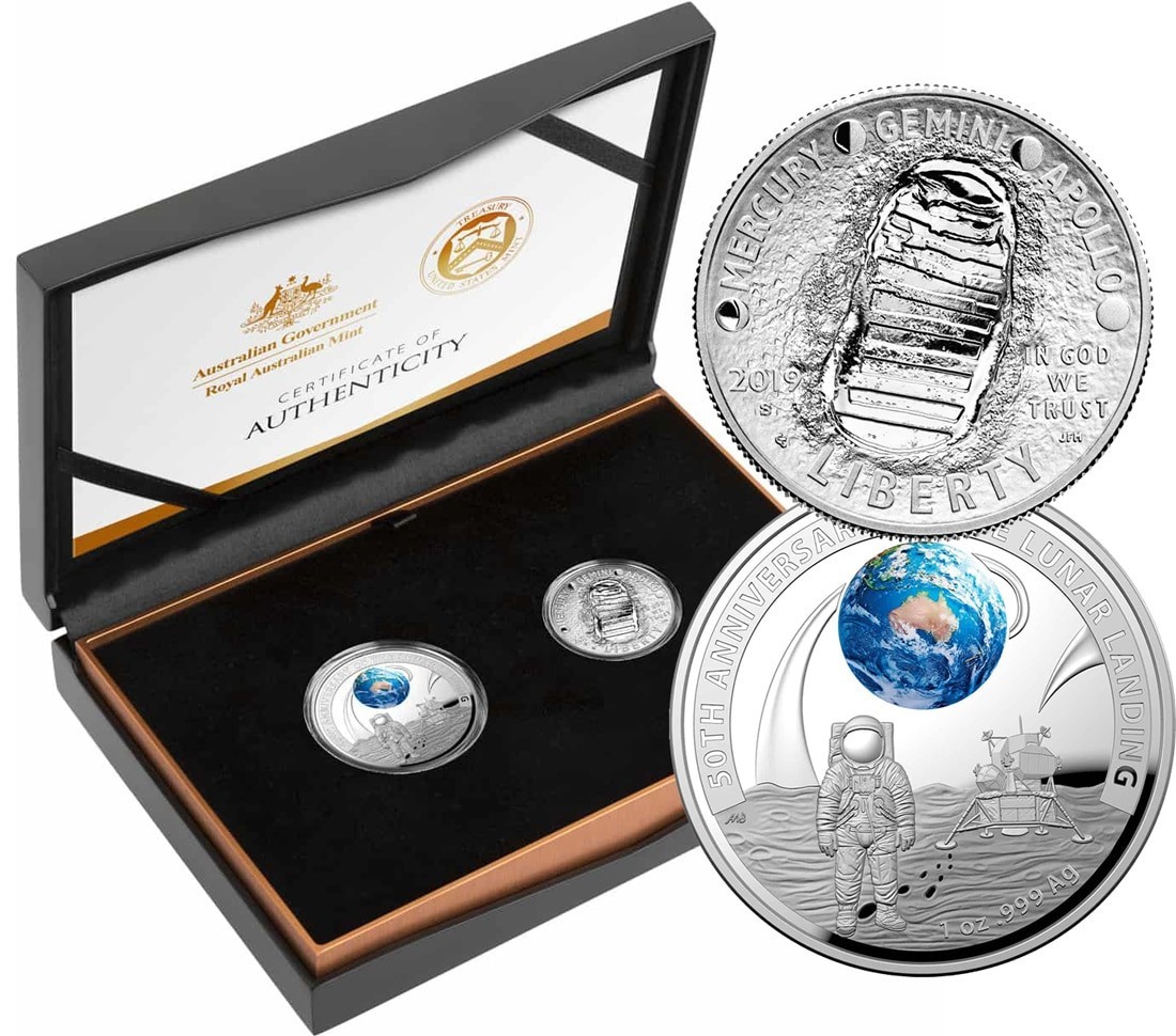 Australia & USA: 2019 2 Coin Silver Proof Set 50th Anniv Apollo 11 Moon ...