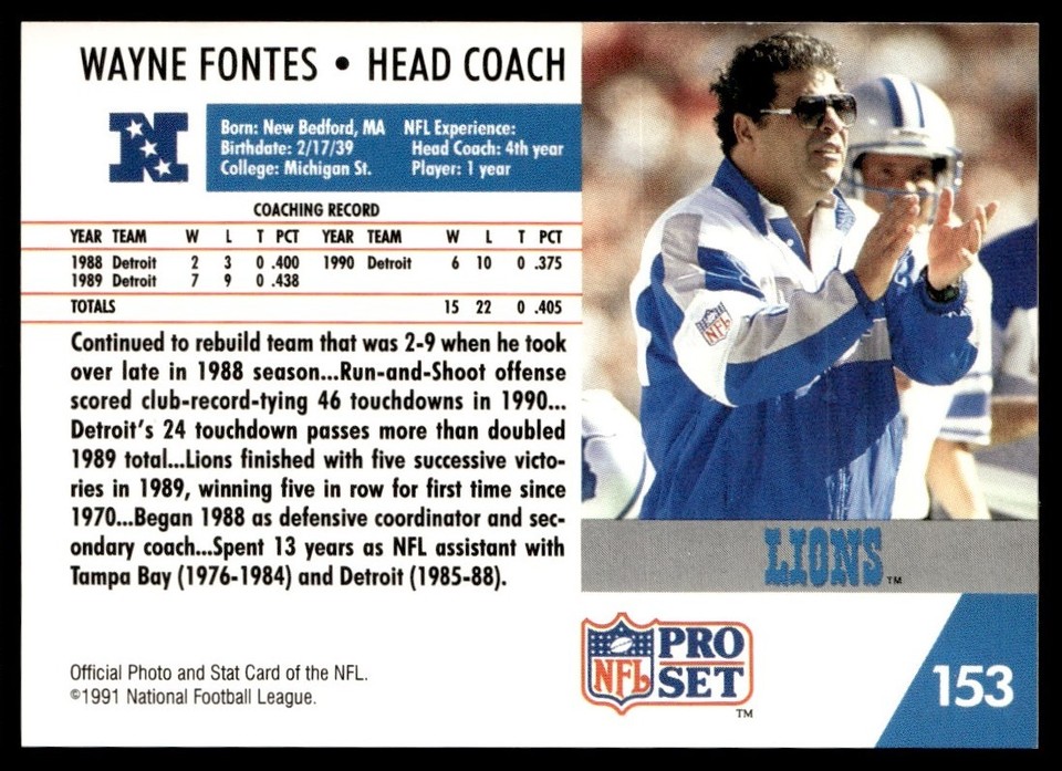1991 Pro Set Wayne Fontes Detroit Lions #153 | eBay