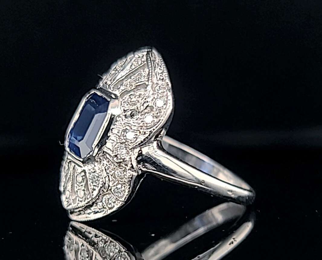Vintage 14k White Gold Ring 1.57CT. Natural Blue Sapphire Emerald Cut Circ 1950' | eBay