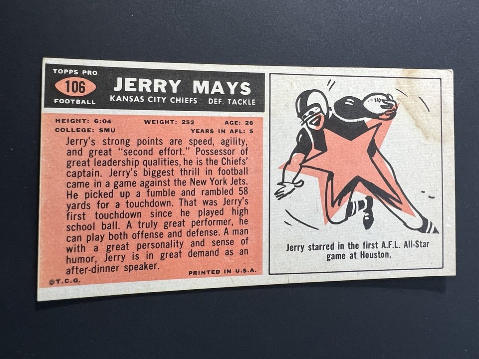 1965 Topps Football AFL Jerry Mays Kansas City Chiefs card # 106 | eBay