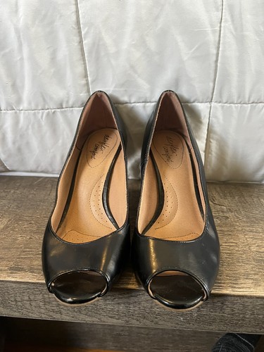 Dexflex Comfort Women's size 8 Black Leather Peep Toe Wedges | eBay